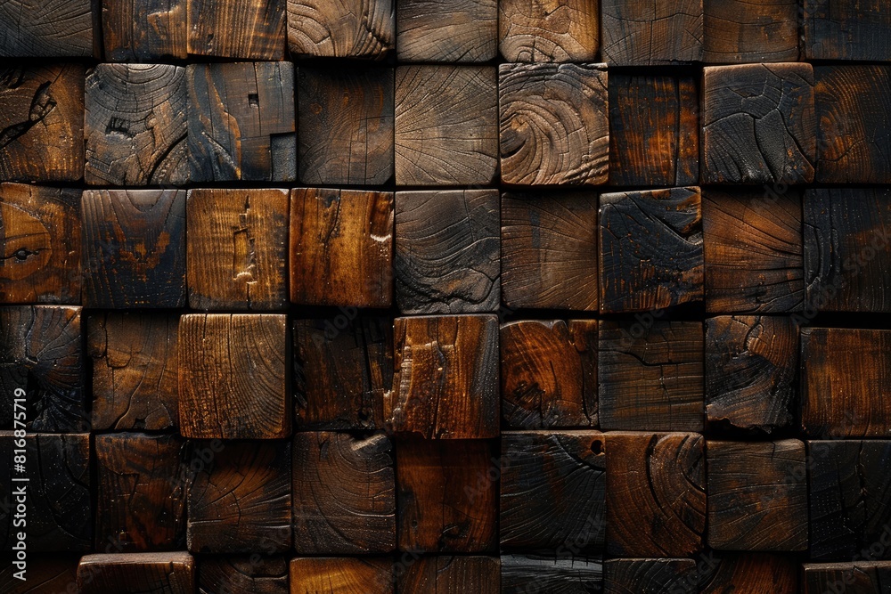 abstract wall of wooden tiles with a geometric pattern background ...