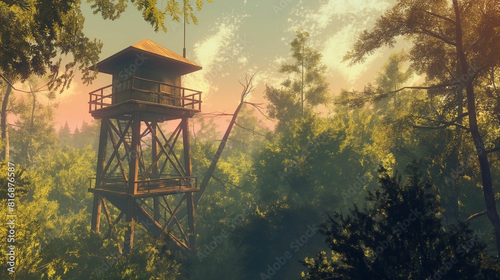 Forest lookout tower on mountain with pine trees. Stock Photo | Adobe Stock