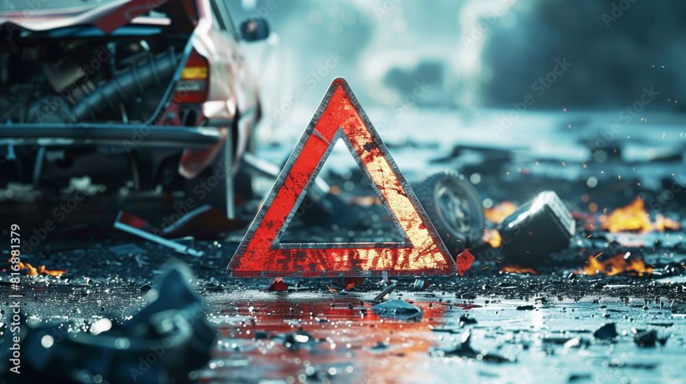 A close-up of a red warning triangle in front of a damaged car with ...