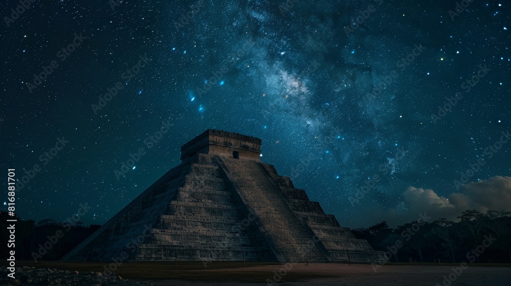 Chichen Itza pyramid under the milky way for travel or history themed ...