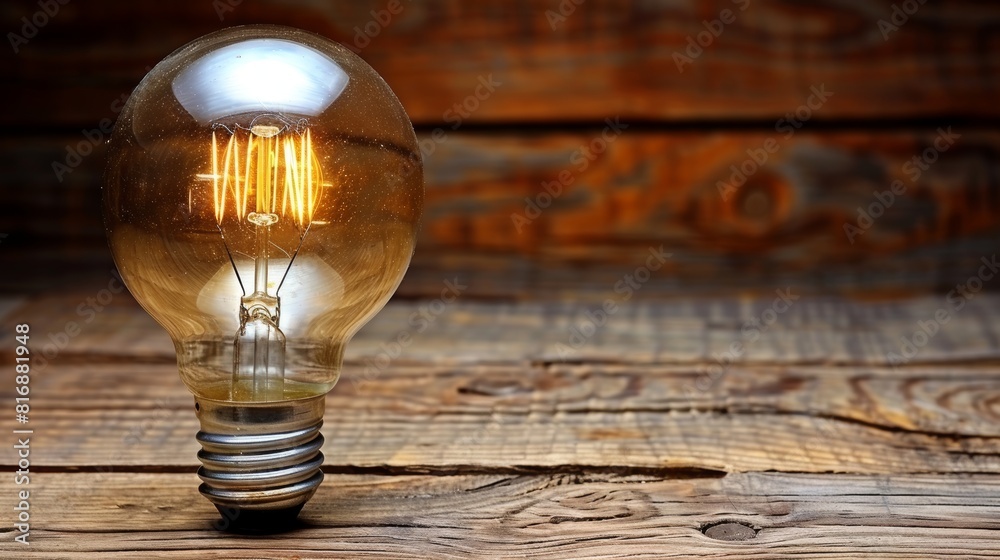 A single illuminated incandescent light bulb stands upright on a rustic ...