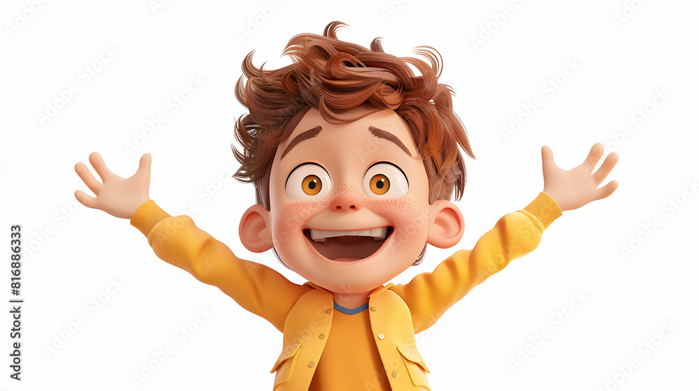 Excited Child in 3D Flat Cartoon Style Joyful Energy and Enthusiasm on ...
