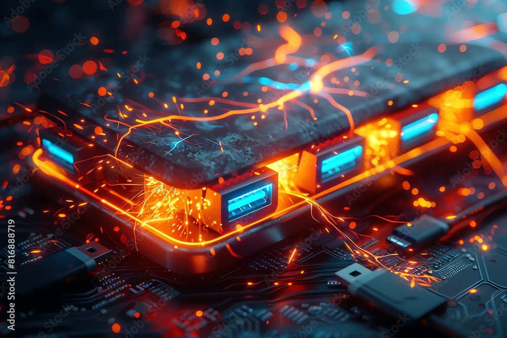 USB hub with electrical sparks, side view, Power surge, futuristic tone ...