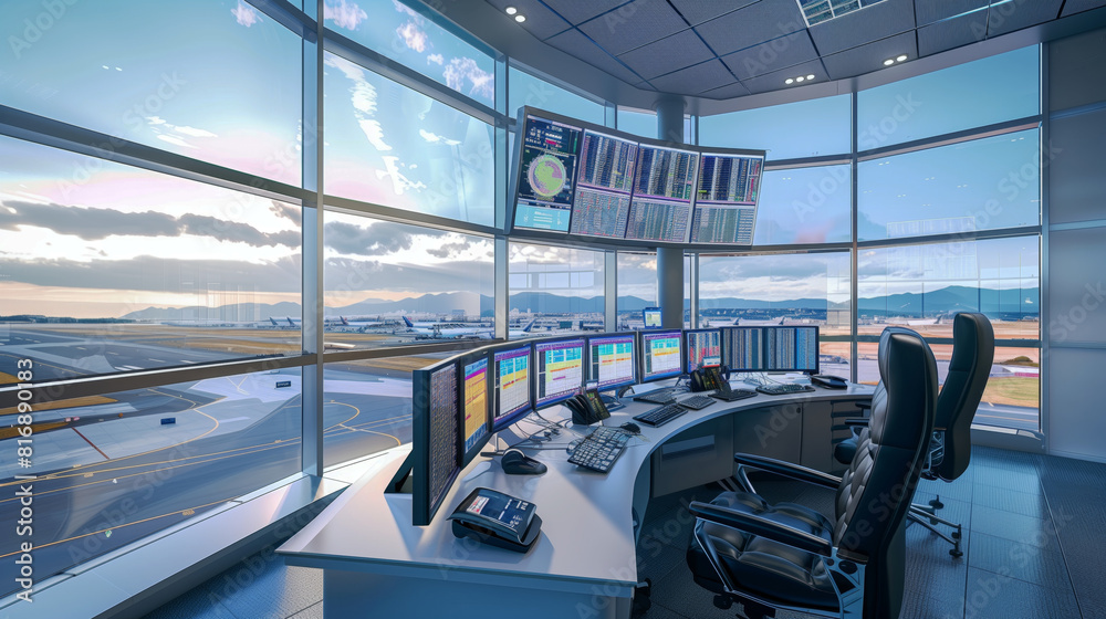 Modern air traffic control room with large windows offering a view of ...