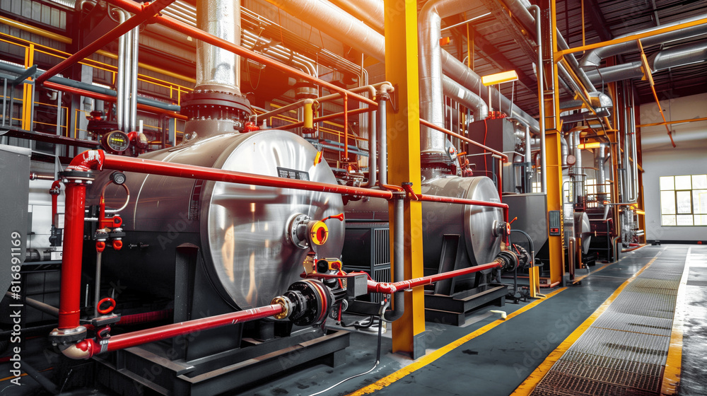 Factory interior featuring industrial machinery with large metal tanks ...