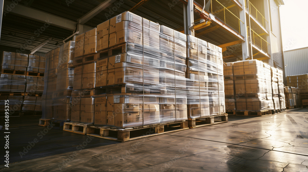 Stacked pallets with wrapped cardboard boxes in an industrial warehouse ...