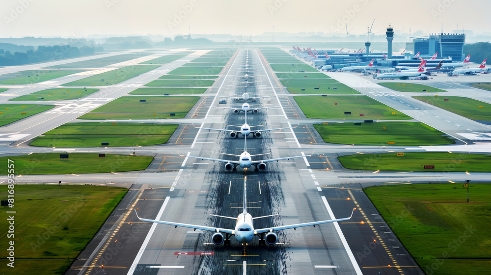 Aerial view of multiple airplanes lined up on a runway at an airport ...