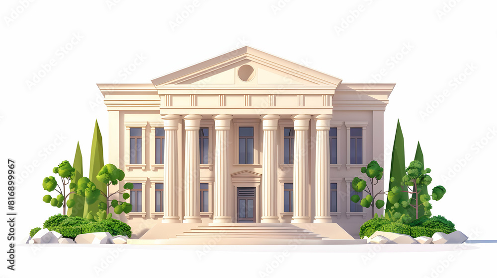 3D Flat Cartoon Bank Building Isolated on White Background Finance ...