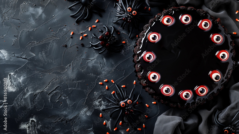 Above view Halloween red candy eyeball buttercream frosting cake with ...
