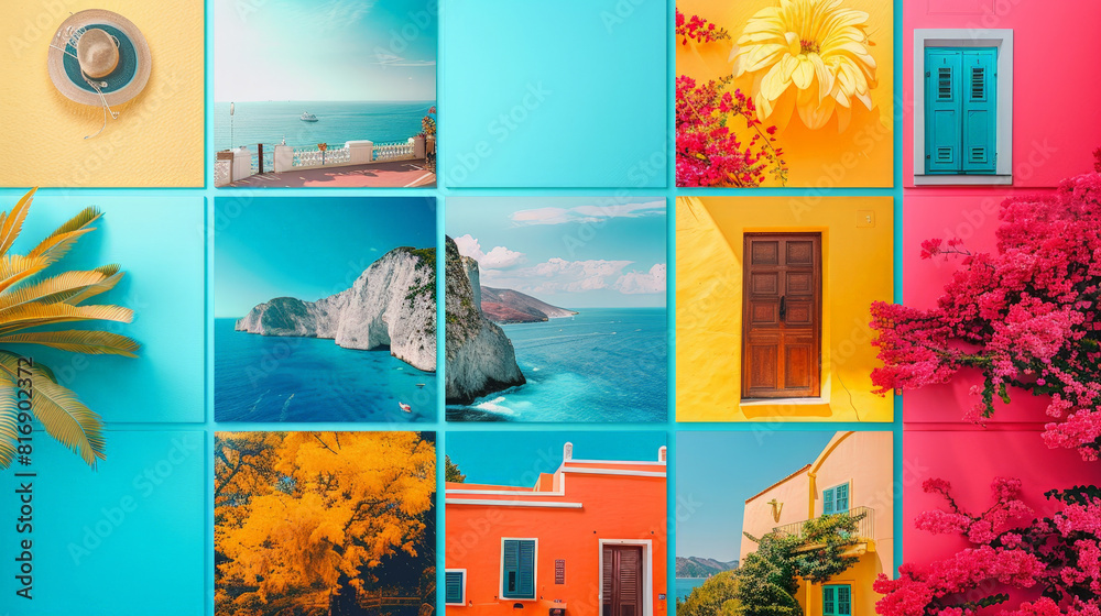 A colorful background showcasing a collage of different places, ranging ...