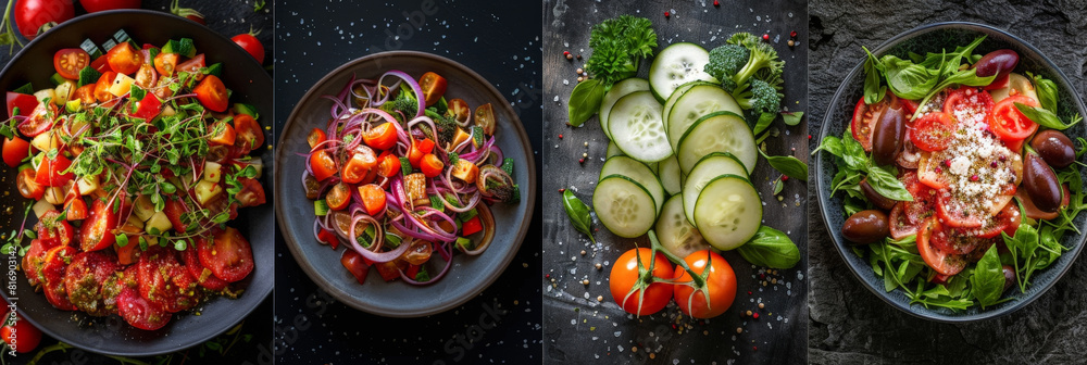 Four colorful and vibrant salads are showcased on a sleek black ...