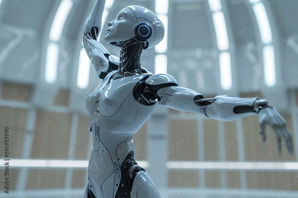 The image shows a graceful female robot with white body and silver ...