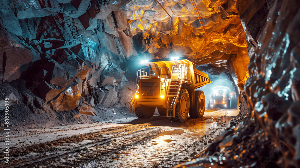 Heavy-duty mining trucks operate inside an illuminated underground cave ...
