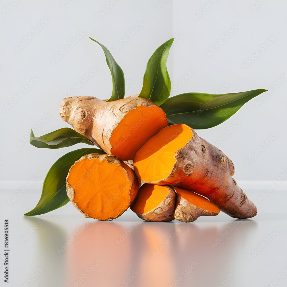 Turmeric sliced with green leaves, Clean healthy eating concept. on ...