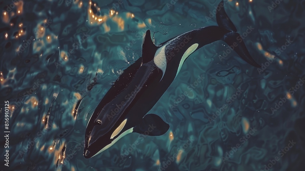 Orca diving in shimmering water - A digital image of an orca whale ...