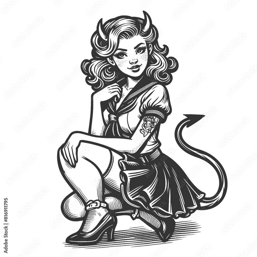 devil pin-up woman seated in a playful pose, featuring stylized horns and a tail sketch ...