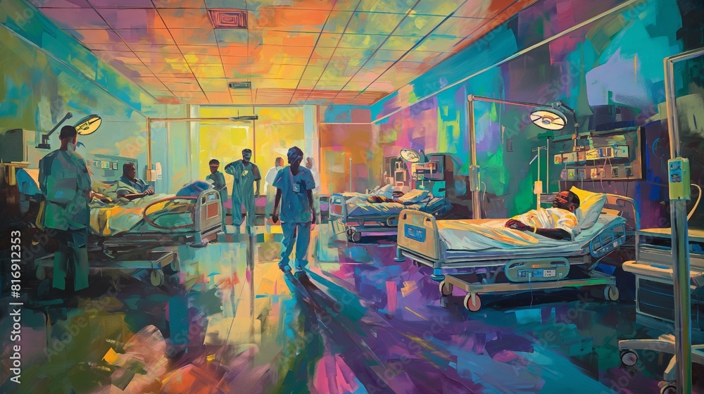 A painting of an interior scene in the hospital, featuring beds and ...