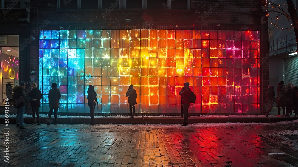 brick wall used as a projection surface for a vibrant video art ...