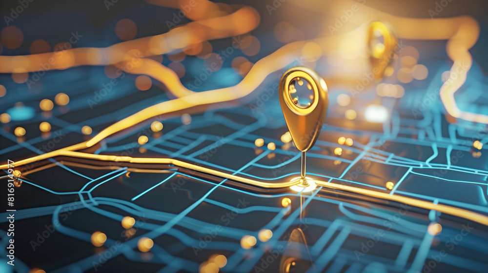 Abstract representation of a digital map with glowing navigation pins ...