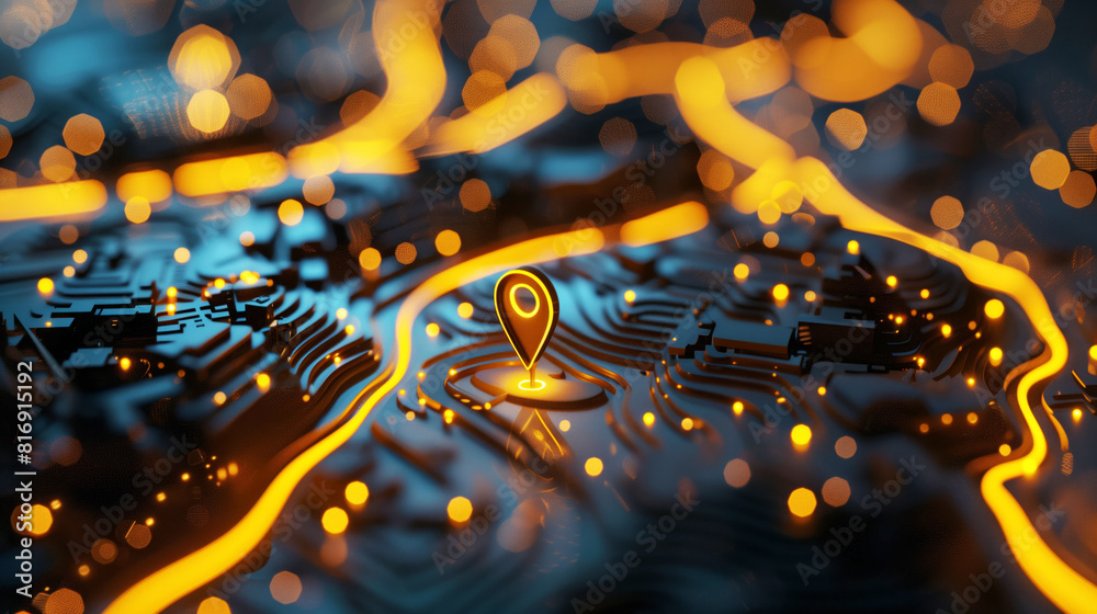 Abstract 3D rendering depicting a digital map with glowing lines and a ...