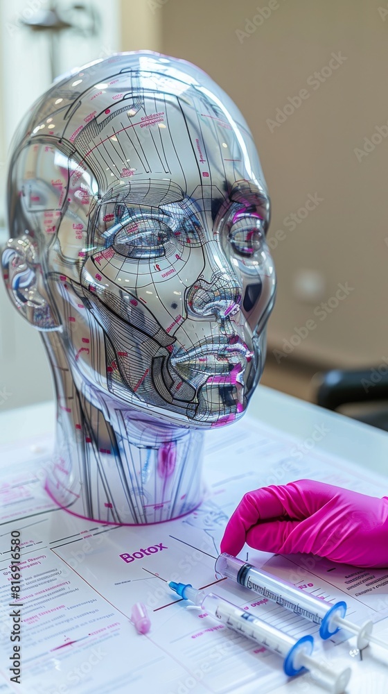 Mannequin head with marked zones for botox injection. Detailed ...