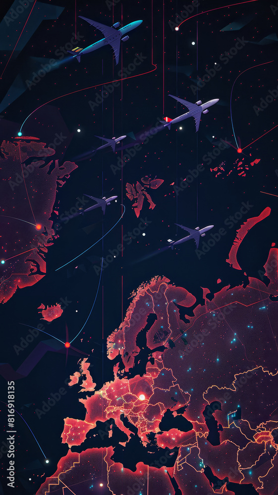 Airplanes flying over stylized European map - Artistic representation ...