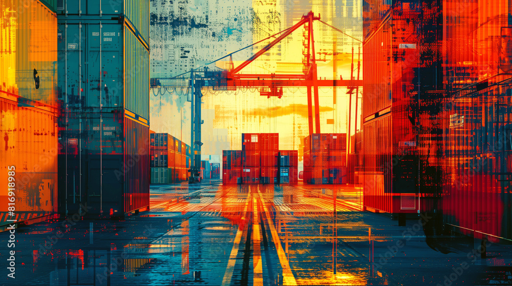 Abstract digital art featuring shipping containers, cranes, and ...