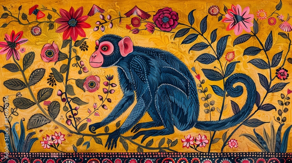 Graceful monkey in Madhubani Bharni style, orchid flowers, majestic ...