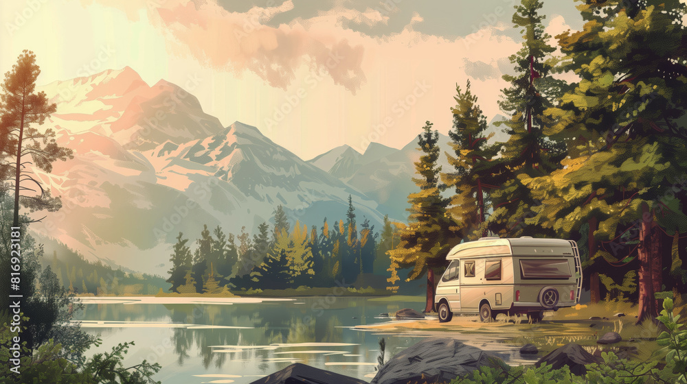 An illustrated scene depicting a camper van parked by a serene lakeside ...