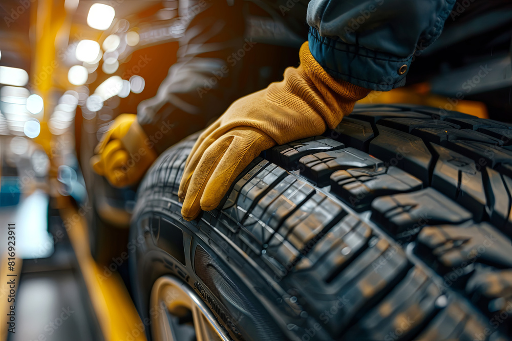 Skilled mechanic replacing tires in a bustling garage, ensuring vehicle ...