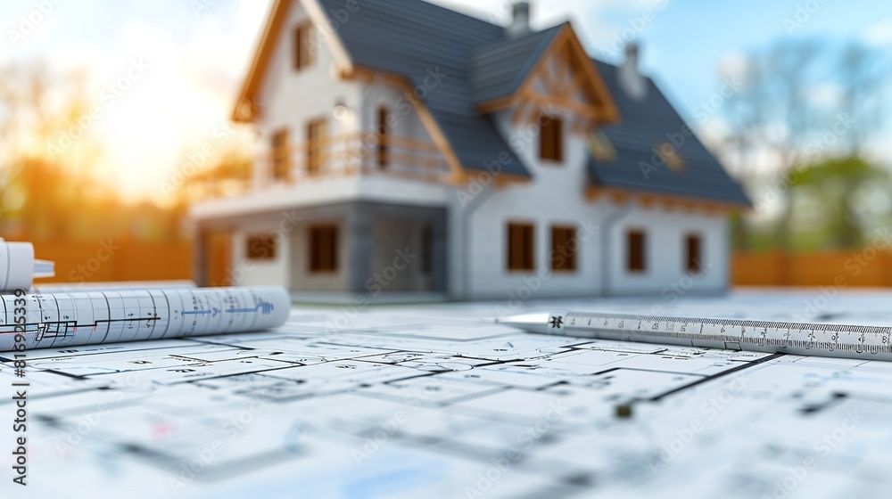 Architectural blueprints are spread out in focus, with a modern house ...