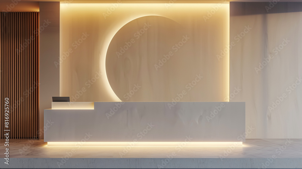 Minimalist reception desk with a modern design. The desk is illuminated ...