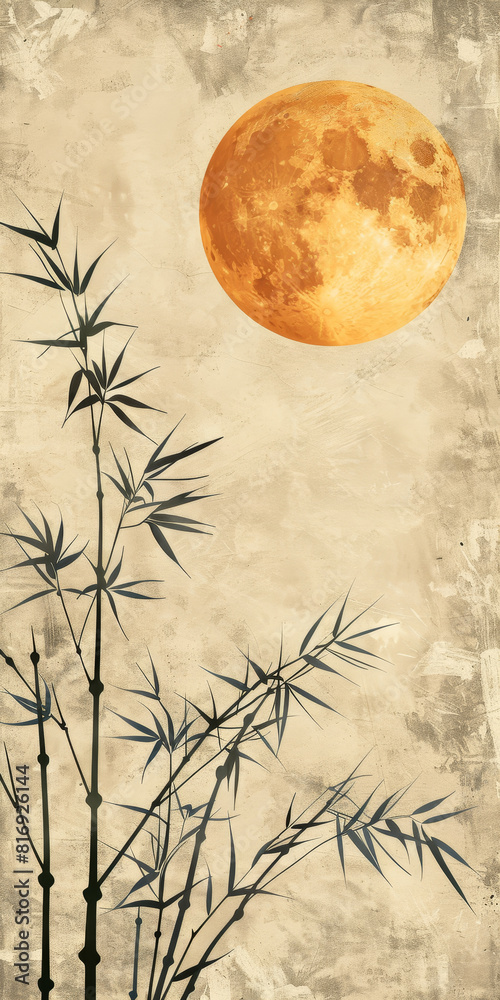 Artistic full moon with bamboo on vintage paper - Full moon and bamboo ...