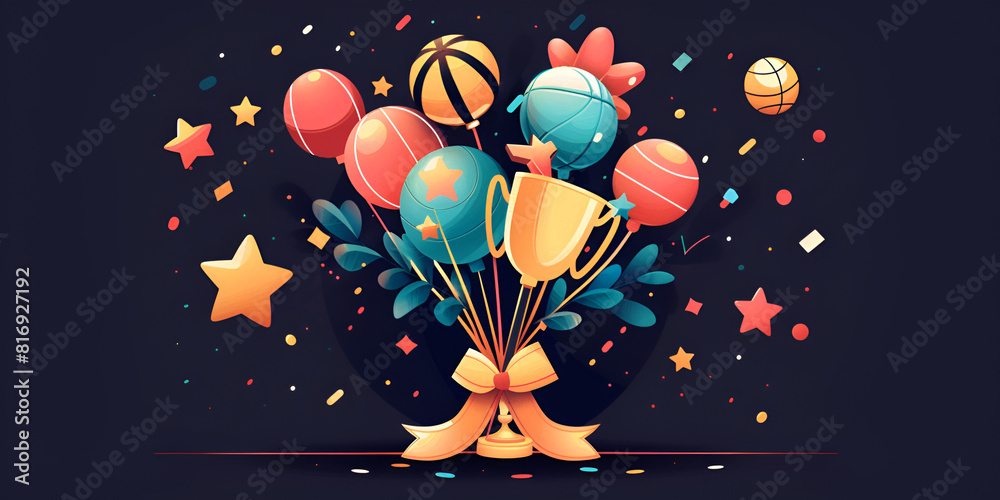 Victory Celebration: Cartoon Trophy and Balloons, Animated Achievements ...