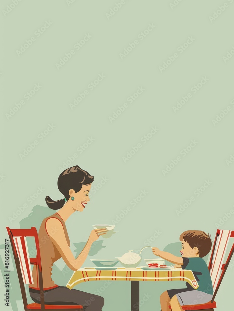 Parent and child having tea together - Stylized artwork featuring an ...