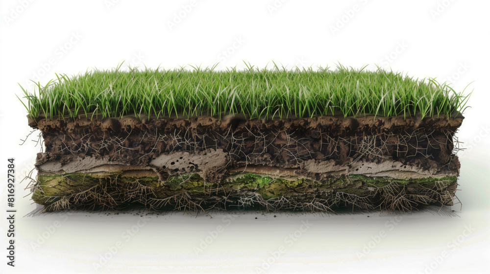 Cross-section of healthy, green grass layers over rich soil, showing ...