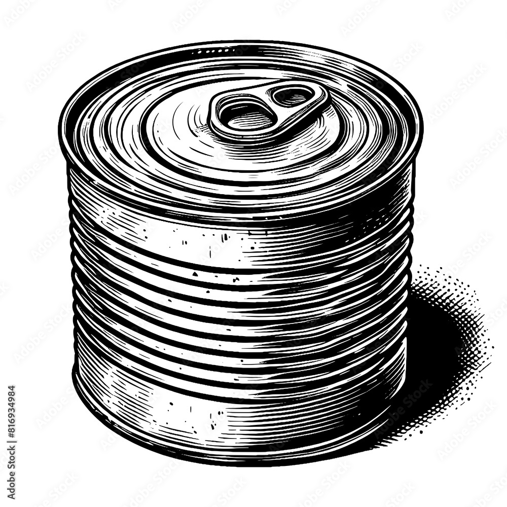 vintage tin can, depicting its textured surface and classic pull-tab ...