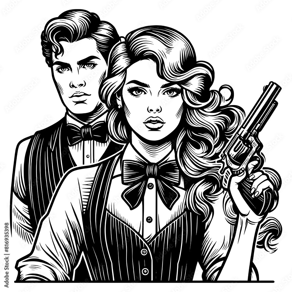 Noir-inspired woman holding revolver alongside stoic detective ...