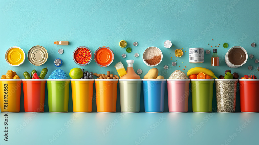 Waste sorting a recycling concept with a line of color coded bins for ...