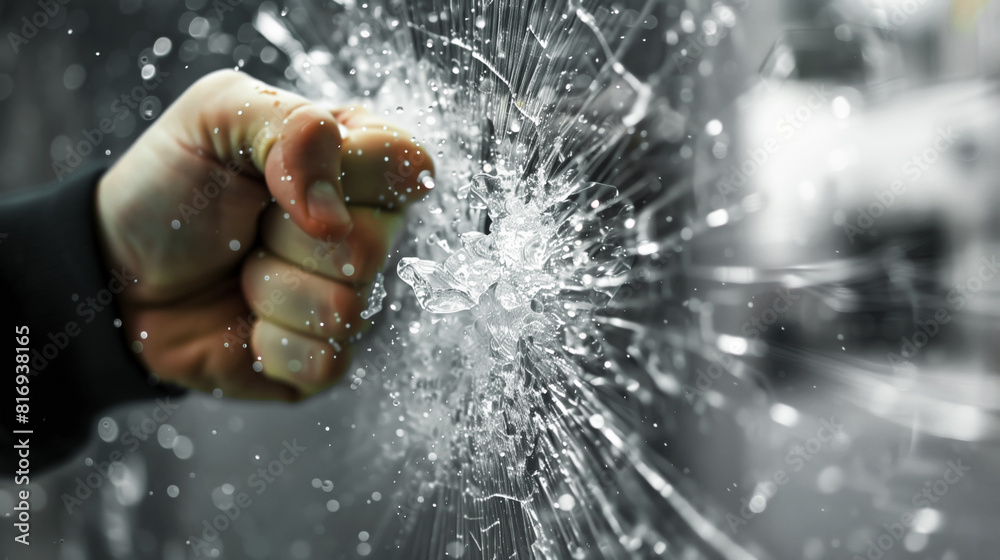 A close-up image of a clenched fist breaking through glass, sending ...
