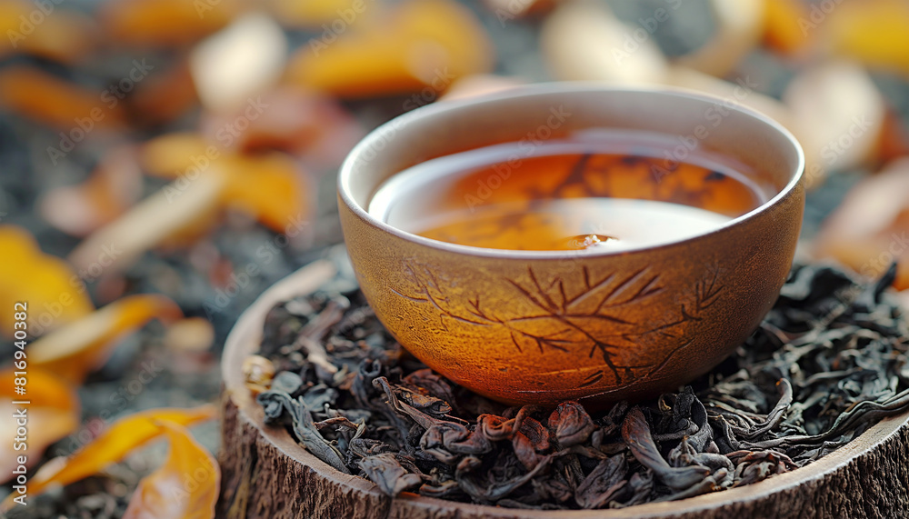 Beautiful still life featuring dry Chinese pu-erh tea and a hot cup of ...