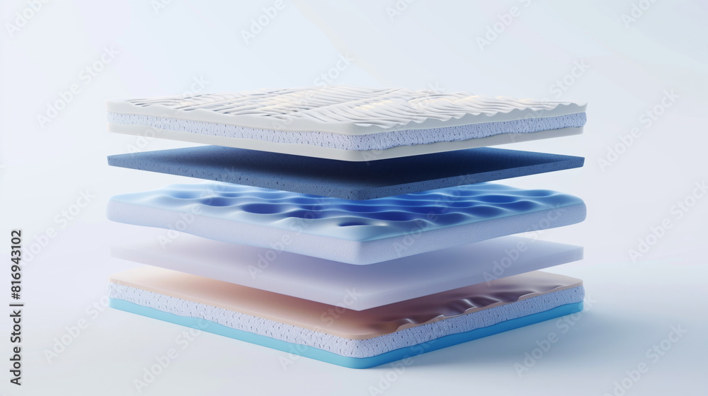 A cross-section of a multi-layered mattress showcasing various foam and ...