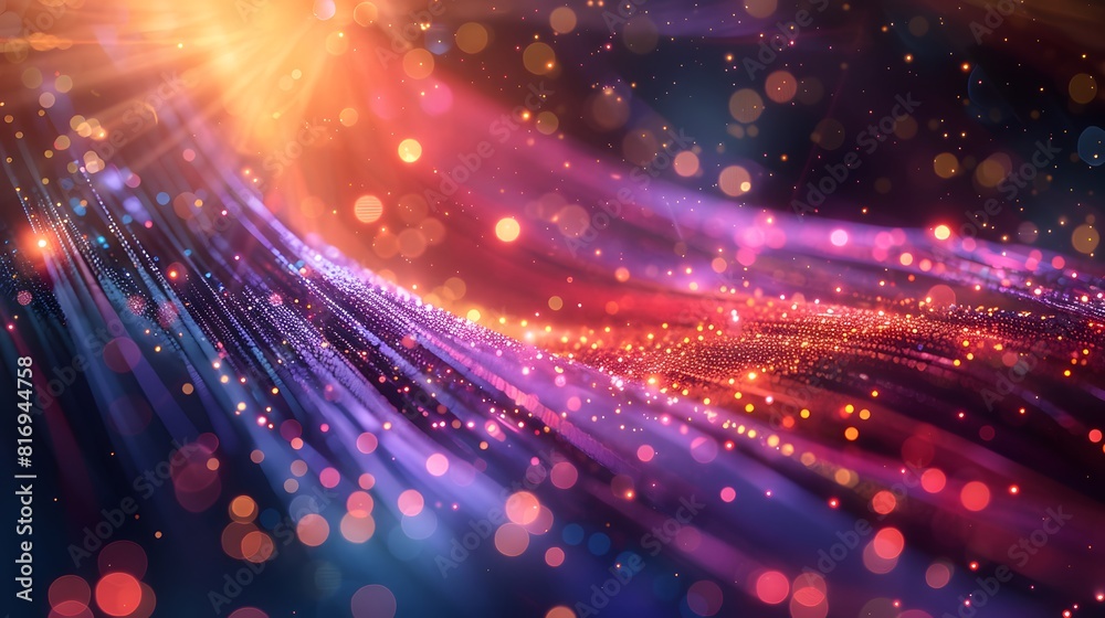 Abstract colorful light rays and fiber optic cables background with ...
