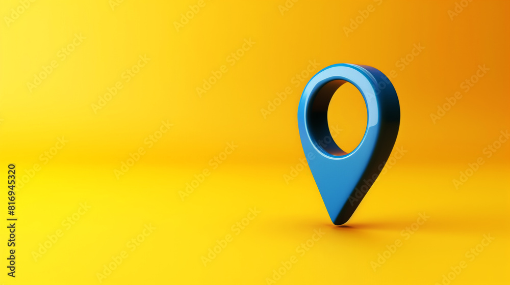 Blue location pin icon displayed on a vibrant yellow background ...