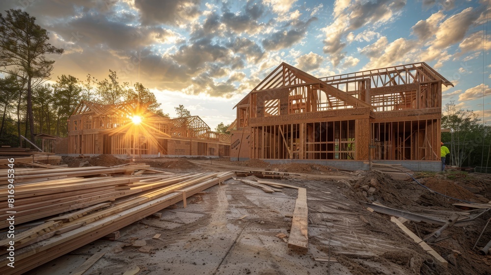 Insightful look into a story house construction site, with wood framing ...
