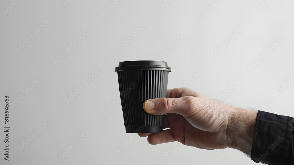 Minimalistic close-up shot of a hand gripping a black paper coffee cup ...
