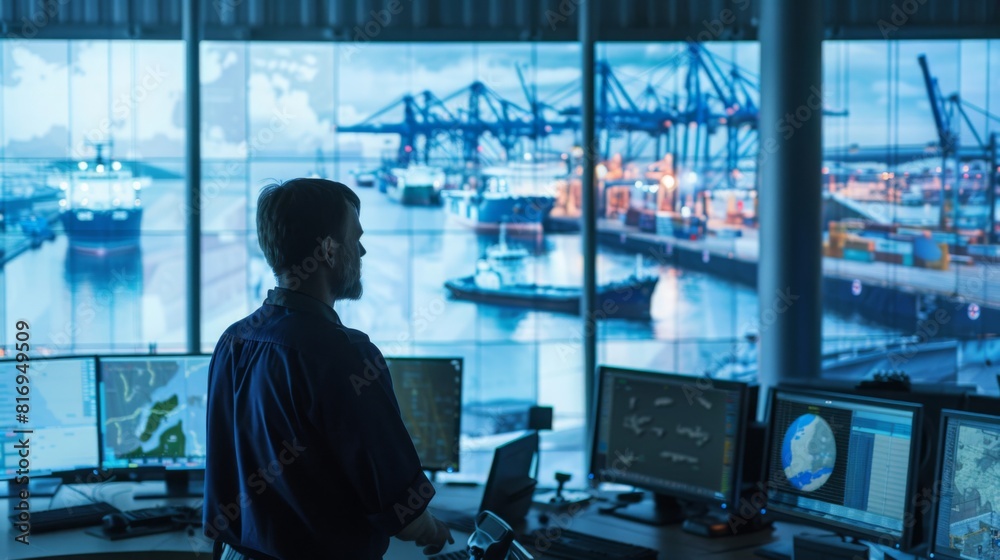 Capture the high-tech control center of a port management system, with ...