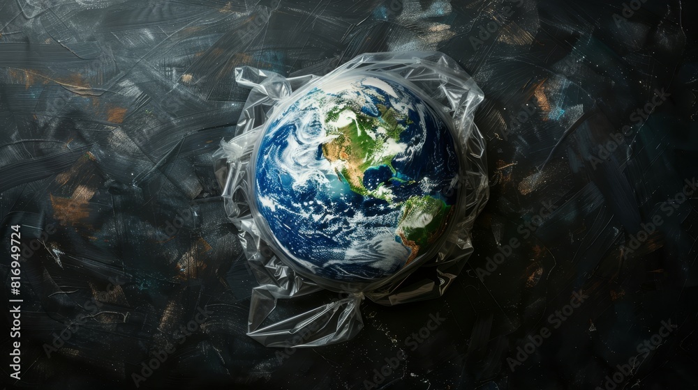Planet Earth depicted in a suffocating plastic wrap, emphasizing the ...