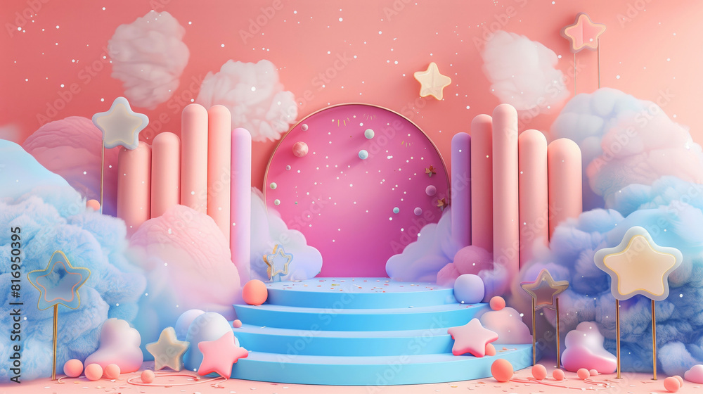 Surreal pastel-colored scene with fluffy clouds, star-shaped ...