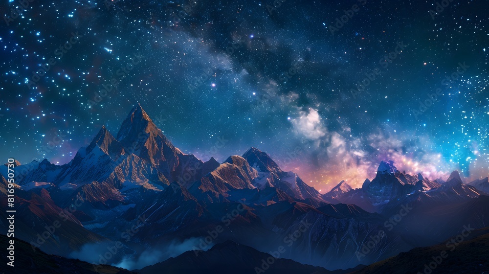 Starry night sky over mountains with Milky Way galaxy, panoramic view ...